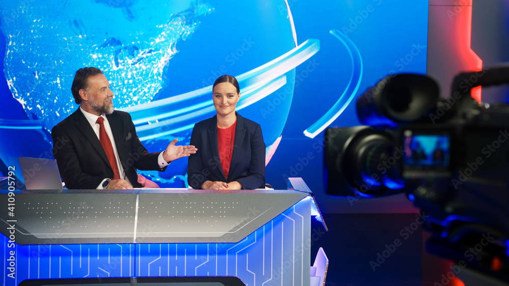 Live News Studio with Beautiful Female and Handsome Man Anchors Start ...