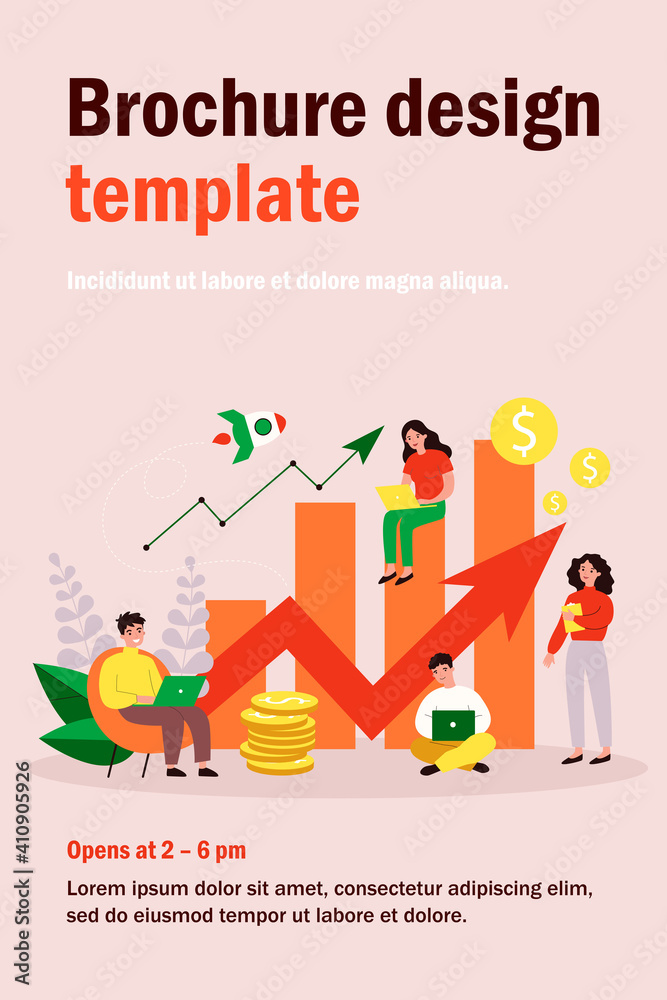 Vetor de Startup team with laptops analyzing growth chart. Tiny sales ...