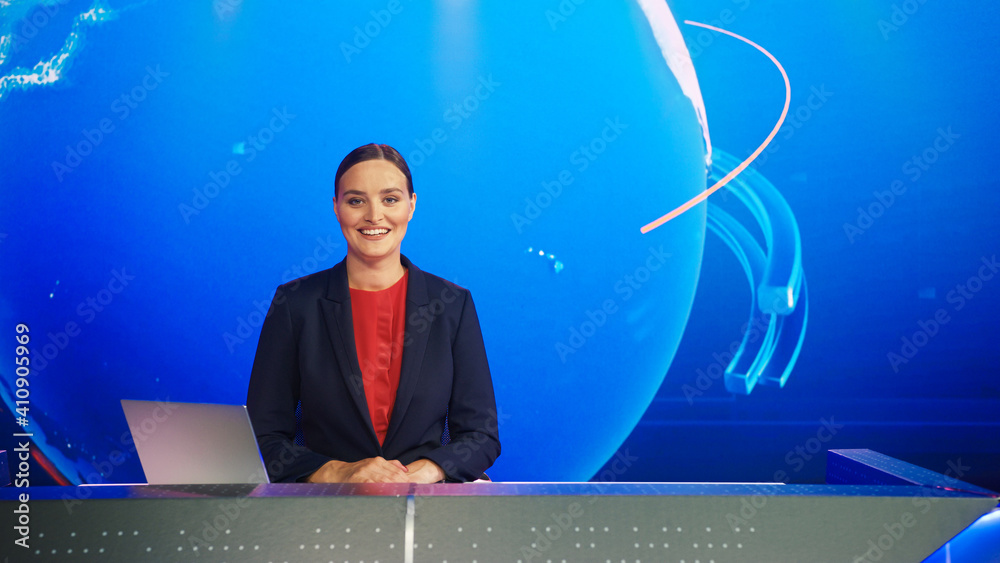 Live News Studio with Professional Female Newscaster Reporting on the ...