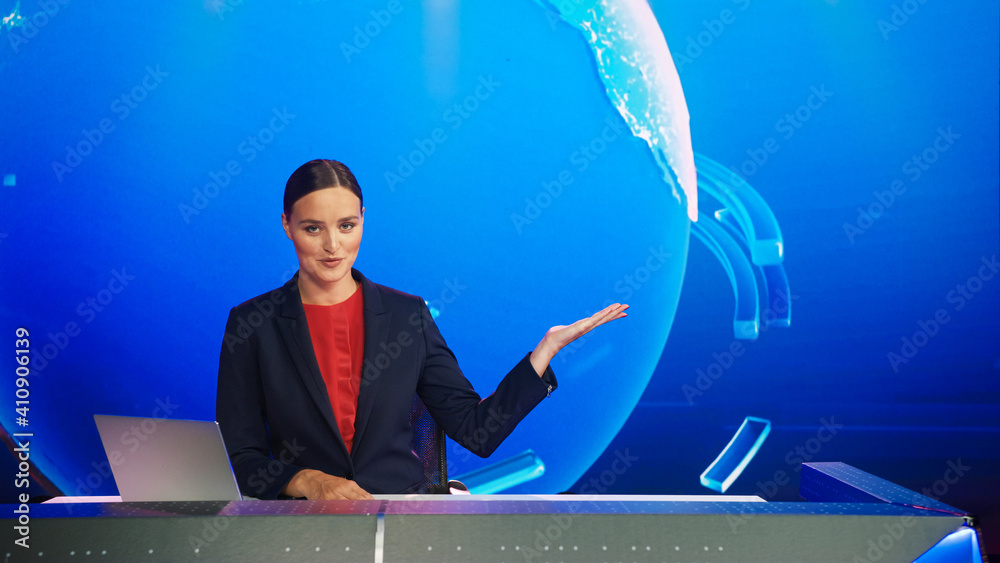 Live News Studio with Professional Female Newscaster Reporting on the ...