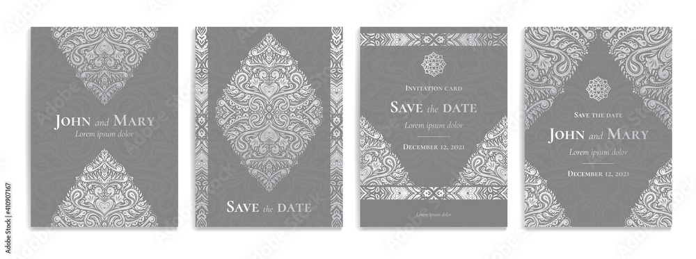 Grey invitation card with luxury silver pattern design on a white ...