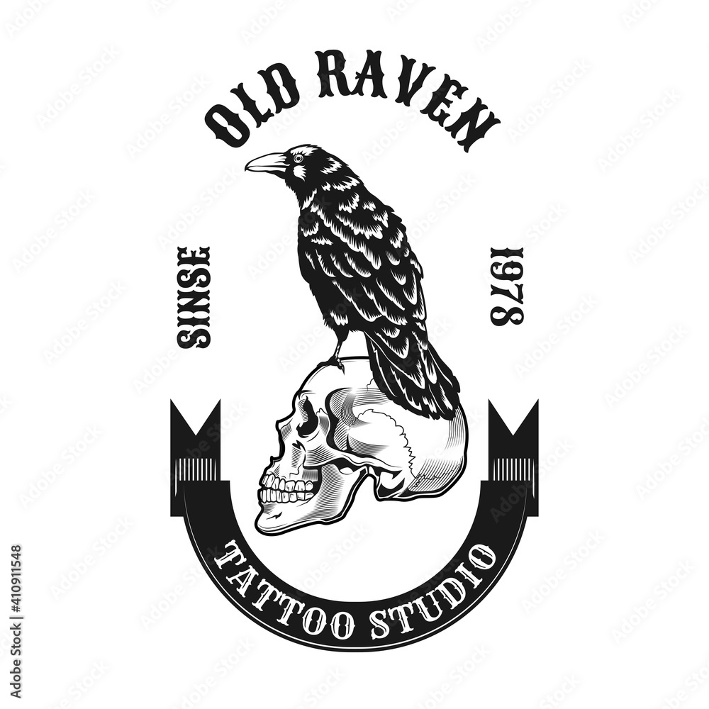 Old raven on skull emblem design. Monochrome element with crow on dead ...