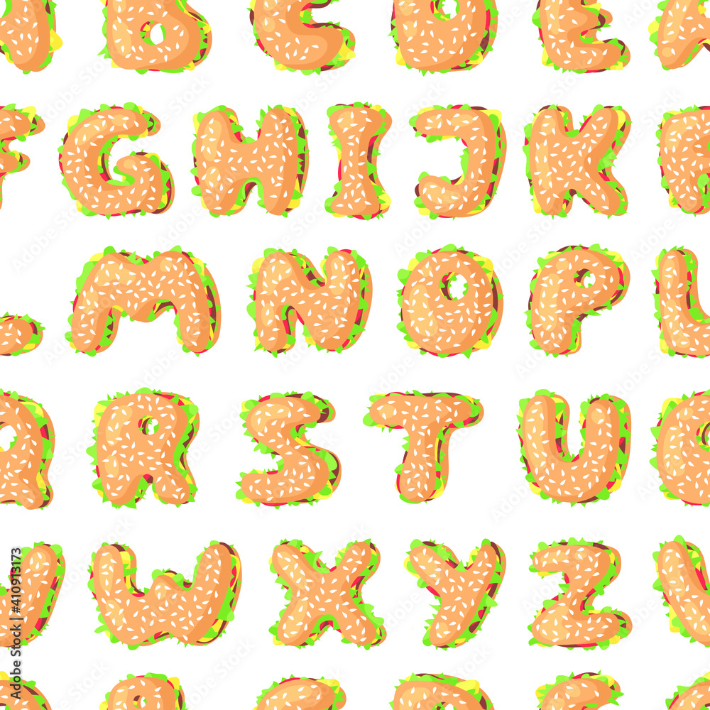 Hand Drawn Cartoon Burger Alphabet Seamless Pattern. Fast Food Vector ...