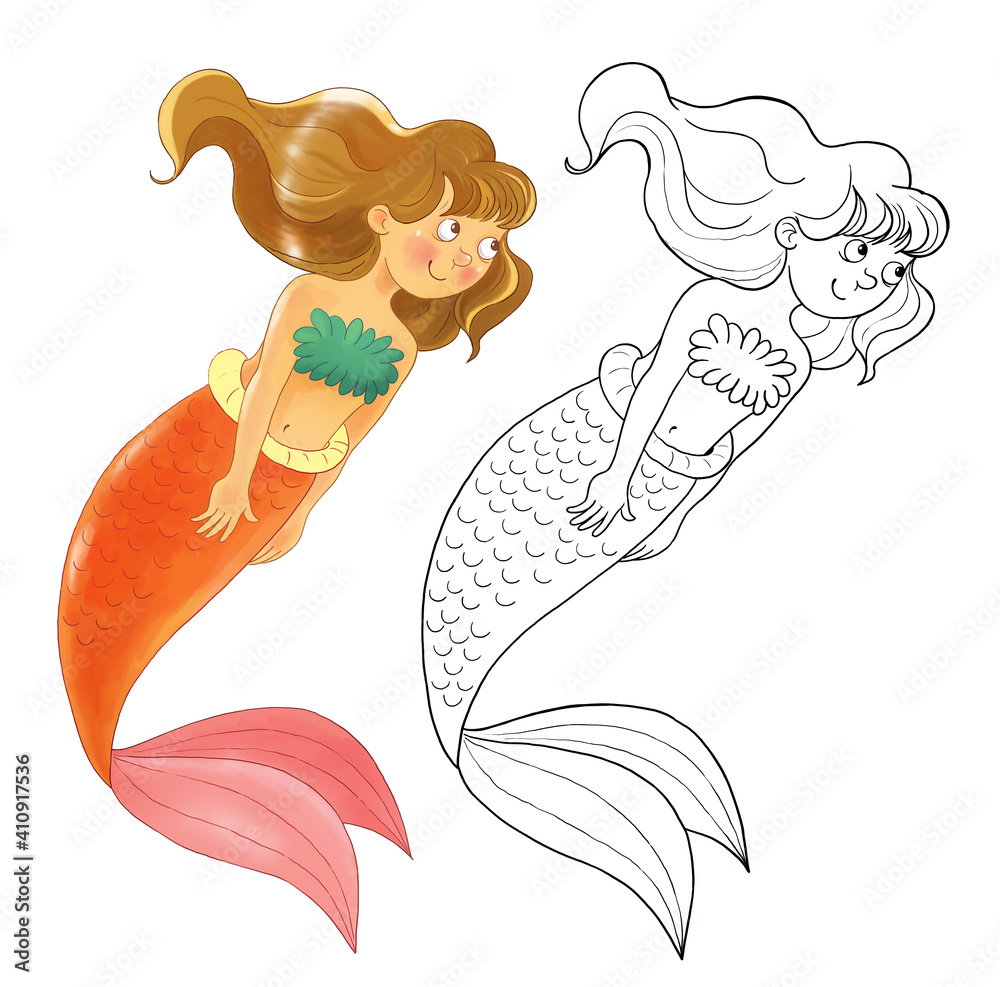 The little mermaid. Fairy tale. Coloring page. Illustration for ...