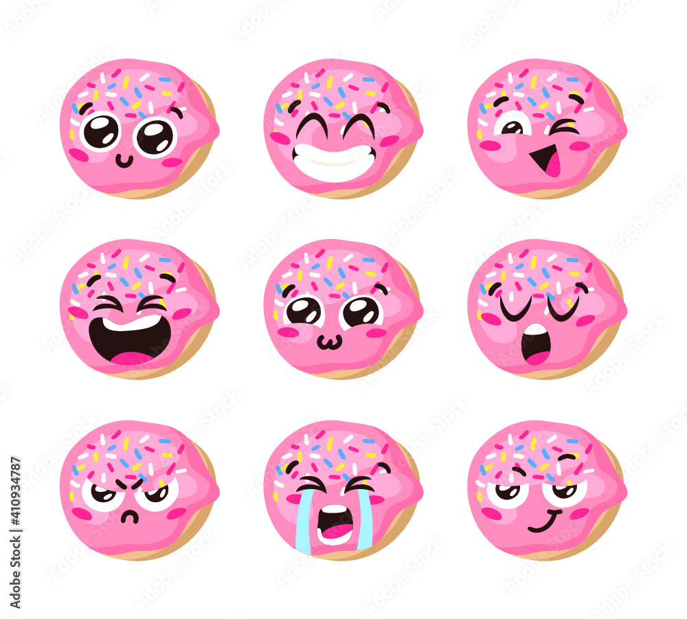 Hand Drawn Cartoon Illustration Donut Emoji. Fast Food Vector Drawing Sweet Emoticon. Tasty ...