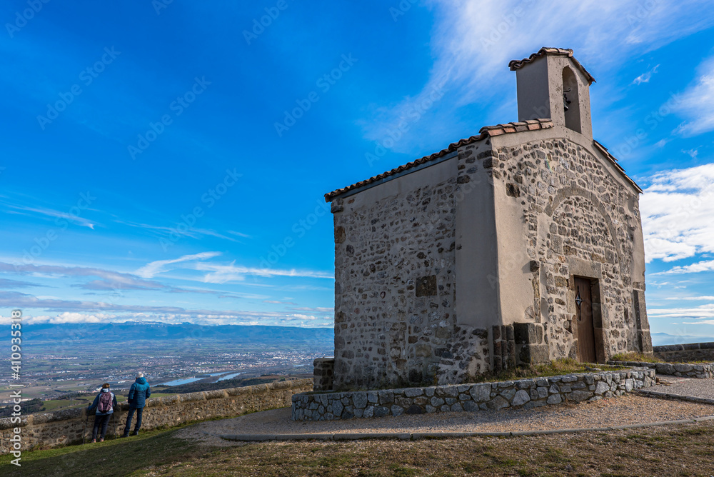 Tourists enjoying the breathtaking view on the Rhone valley and Valence ...