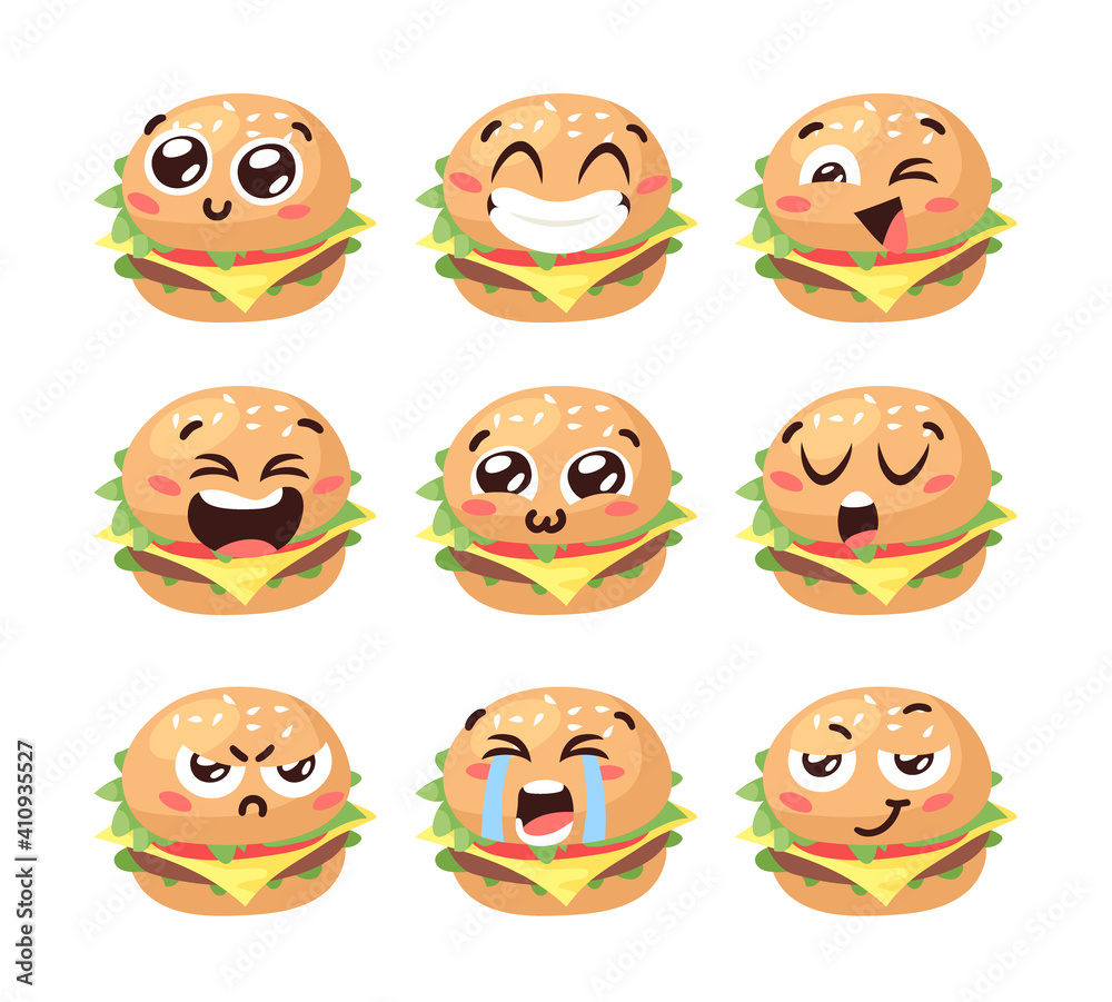 Hand Drawn Cartoon Illustration Burger Emoji. Fast Food Vector Drawing ...