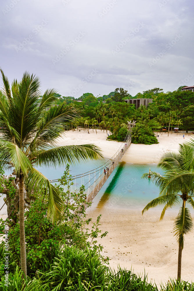Top view of floating bridge at Siloso Beach, Palawan Beach on Sentosa ...
