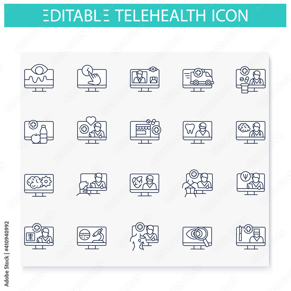 Telehealth line icons set. Virtual medical consultation. Remote healthy ...