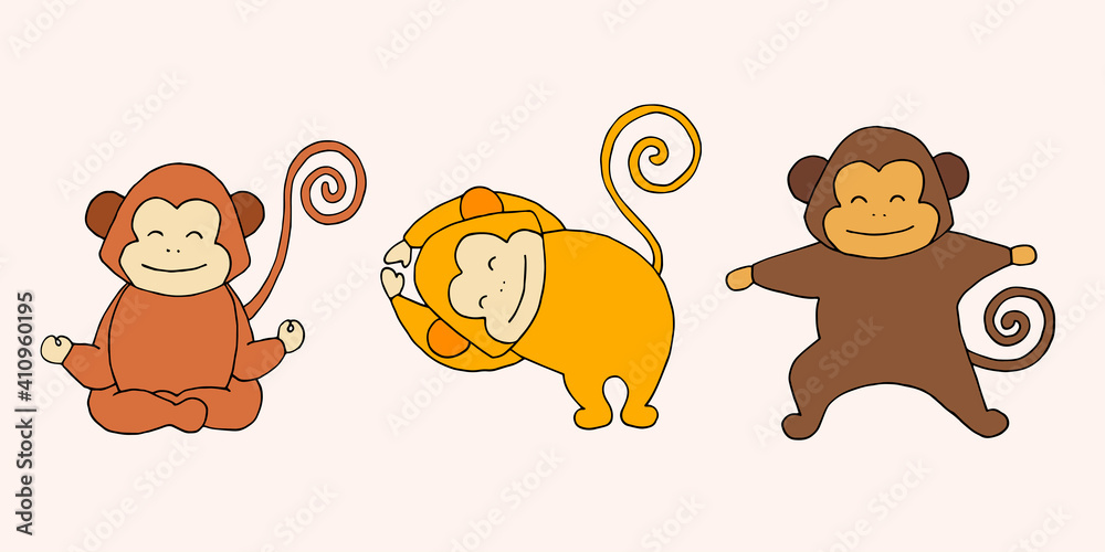 Three monkeys doing yoga. Asanas. Yoga poses. Charging. Exercises. Warm ...
