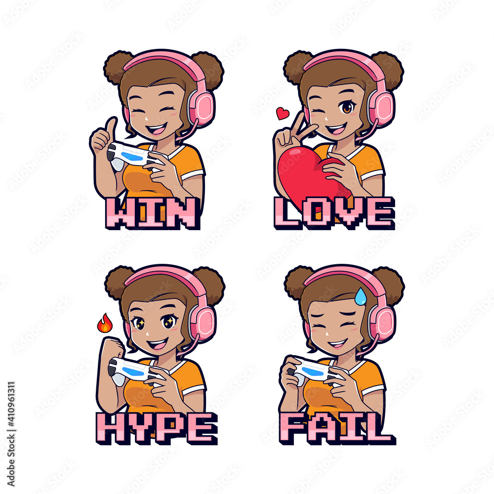 Black streamer gamer girl twitch emotes and badges set Stock Vector ...