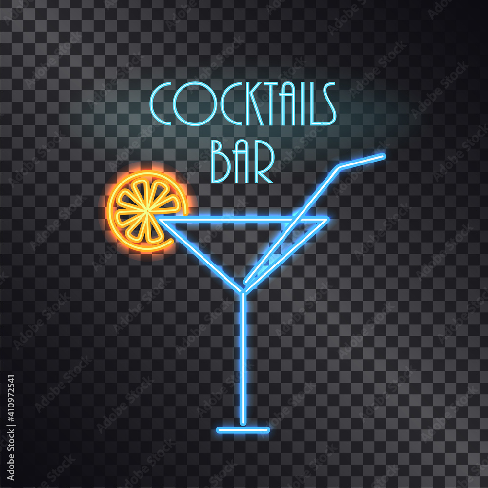 Cocktails bar neon poster color vector illustration isolated on ...