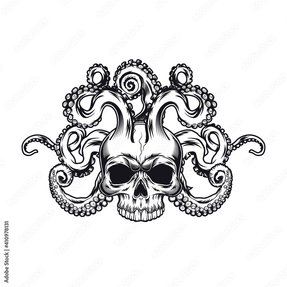 Skull with tentacles tattoo template. Monochrome element with octopus ...