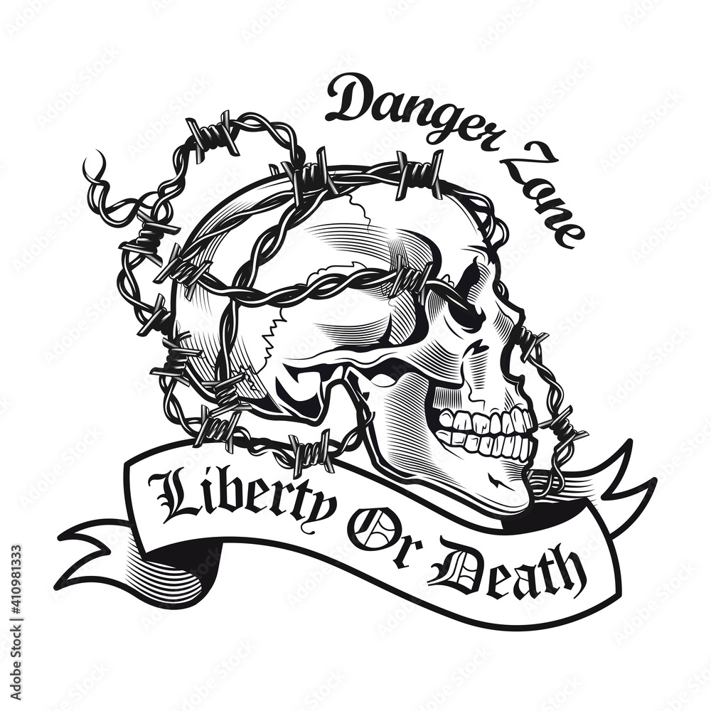 Danger zone symbol design. Monochrome element with skull and barbed ...