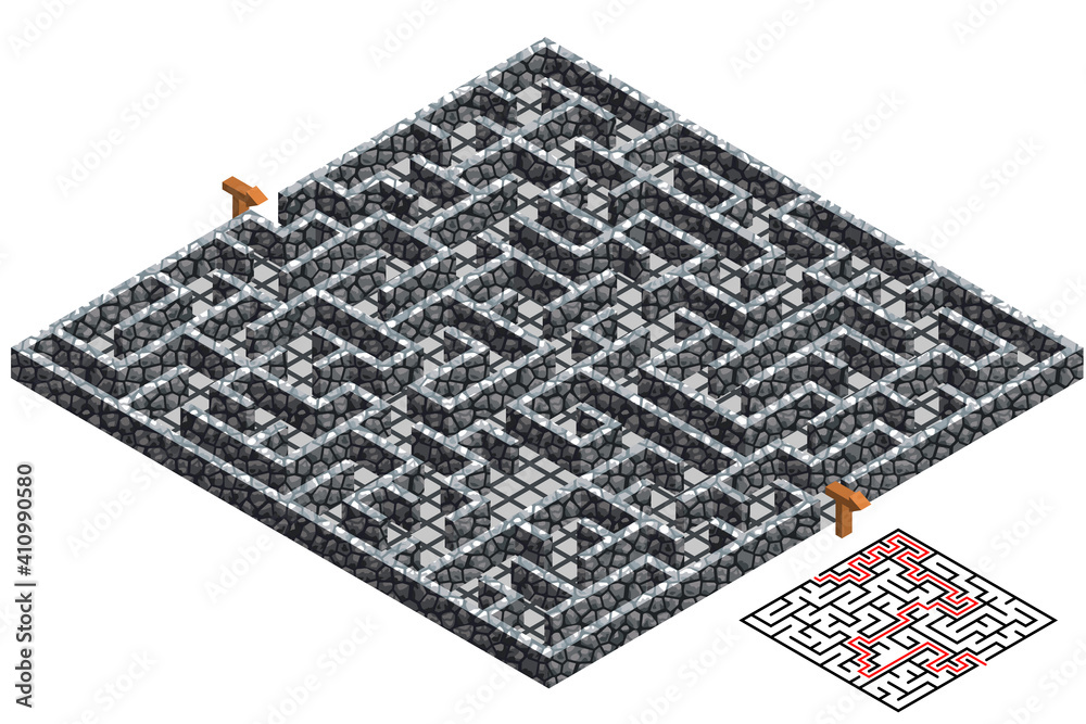 3D maze, isometric labyrinth with stone walls. Game level design for ...