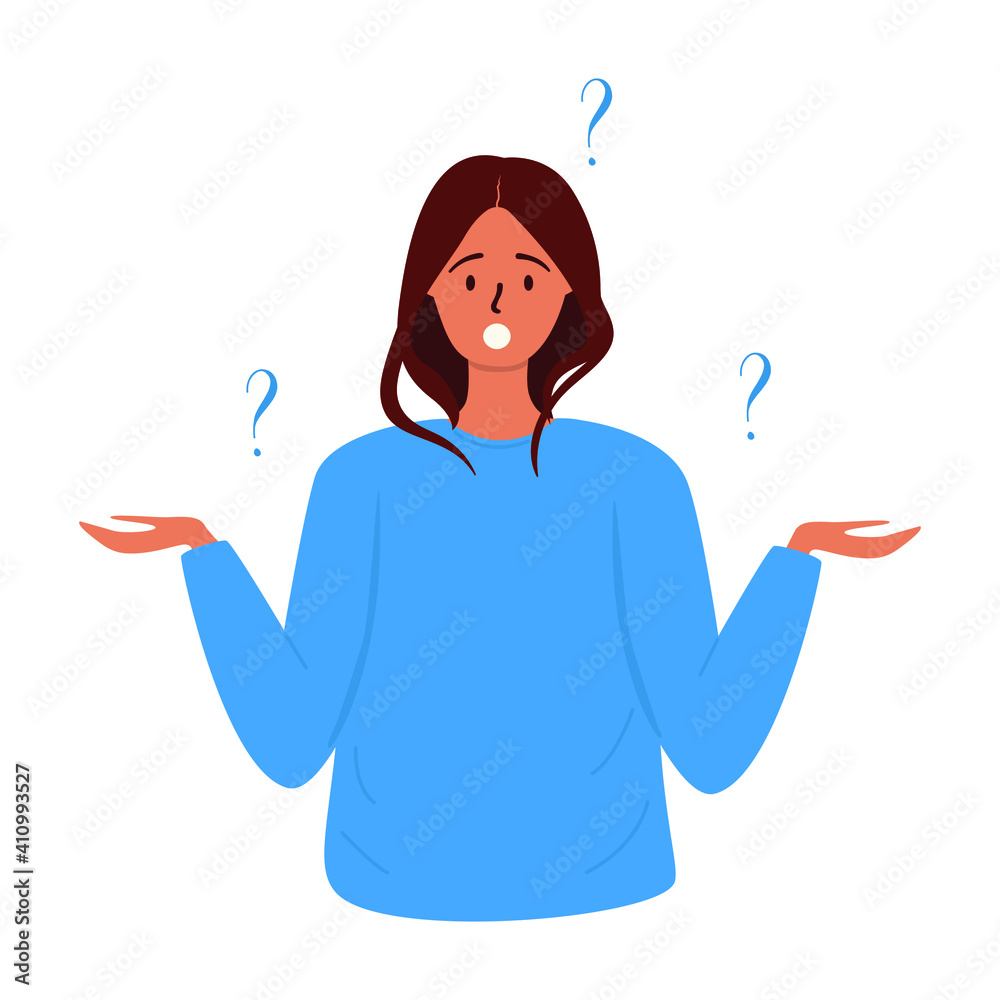Flat vector cartoon illustration of a puzzled or doubting woman with ...