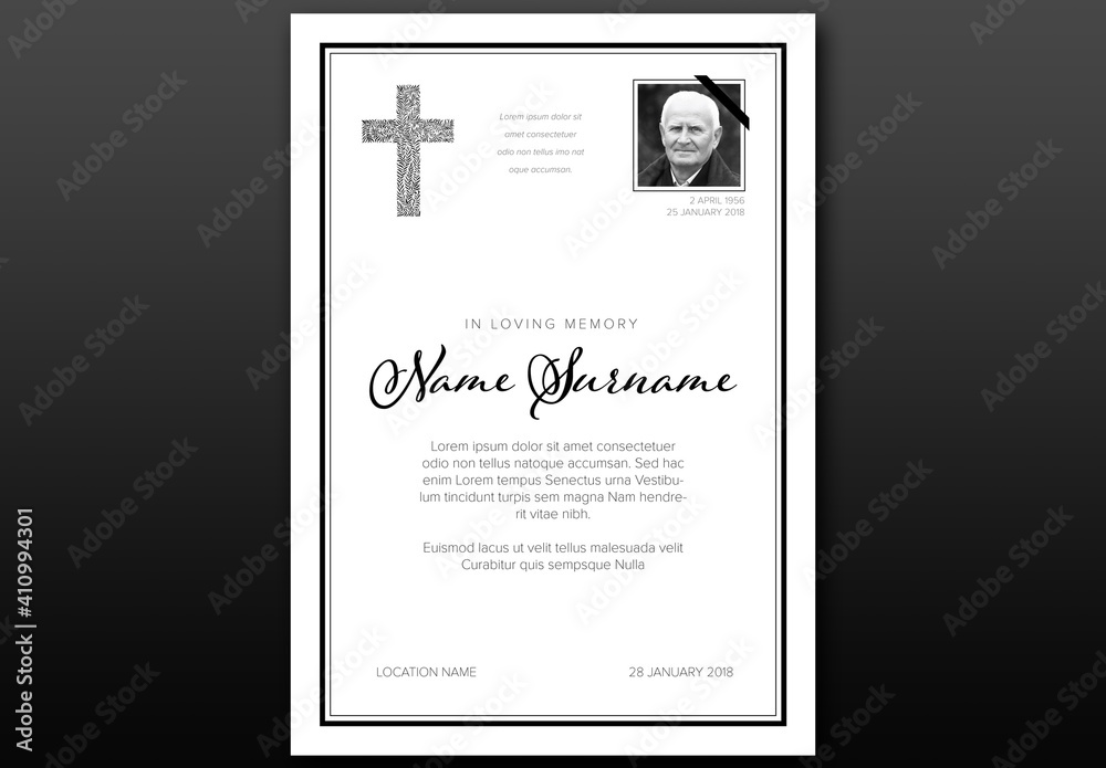 Funeral Death Notice Condolence Card Layout with Photo Placeholder ...