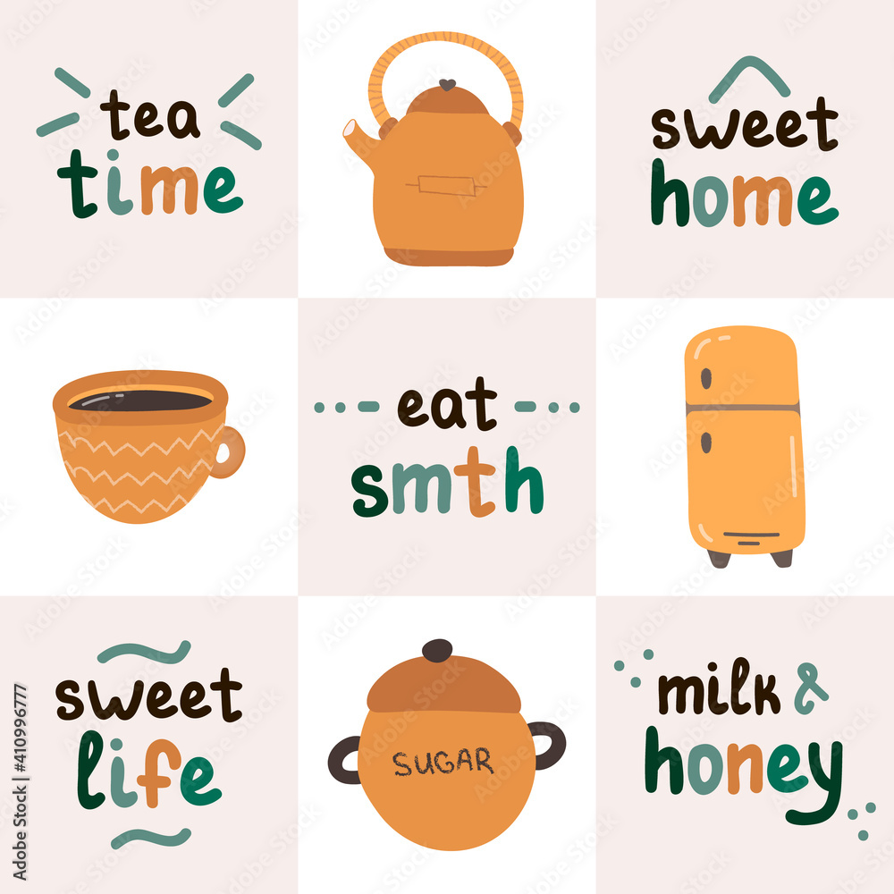 Cozy sweet home set with vector hand drawn illustrations with textures ...