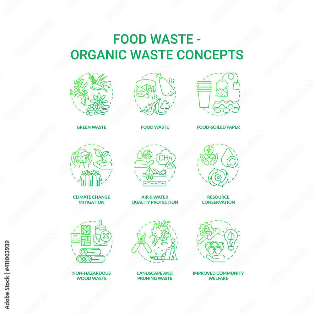 Food waste concept icons set. Organic waste idea thin line RGB color ...