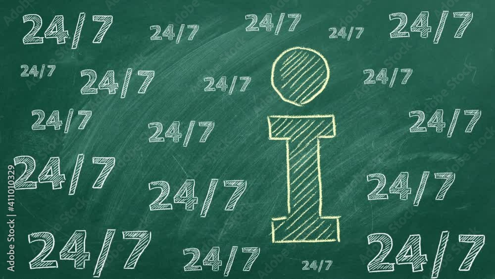 Letter I. Information sign. Info icon and lettering 24-7 drawn in chalk ...