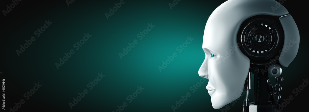 Robot humanoid face and eyes close up view 3D rendering. AI thinking ...