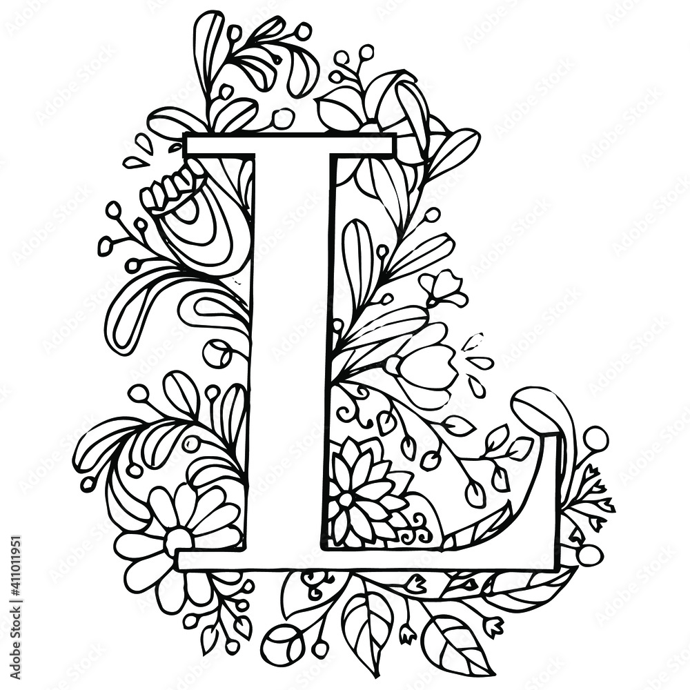 Letter L. Coloring - Anti-stress floral motifs. Alphabet symbols ...