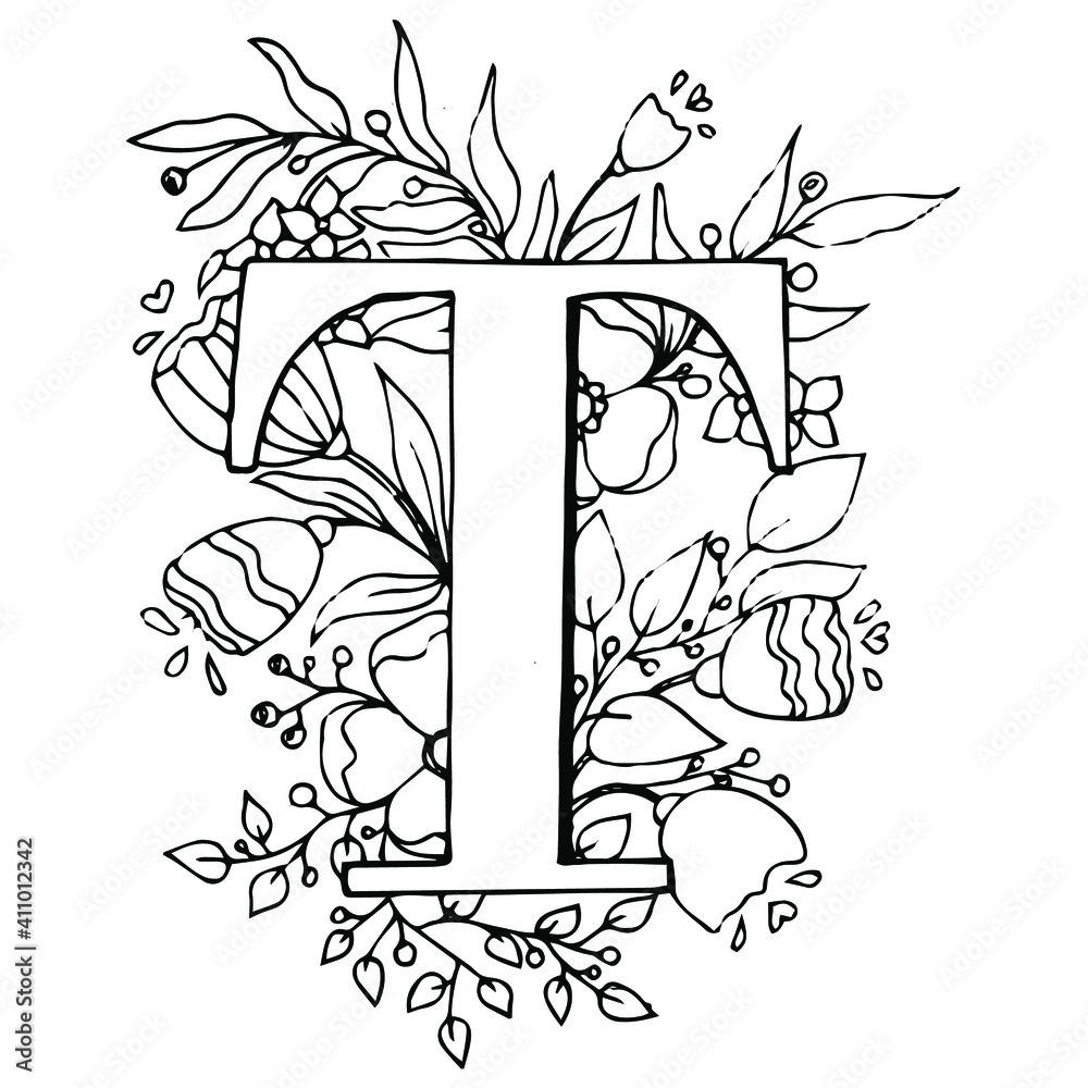 Letter T. Coloring - Anti-stress floral motifs. Alphabet symbols ...