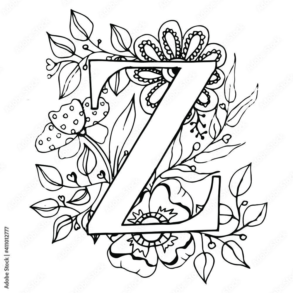 Letter Z. Coloring - Anti-stress floral motifs. Alphabet symbols collection. Vector illustration ...