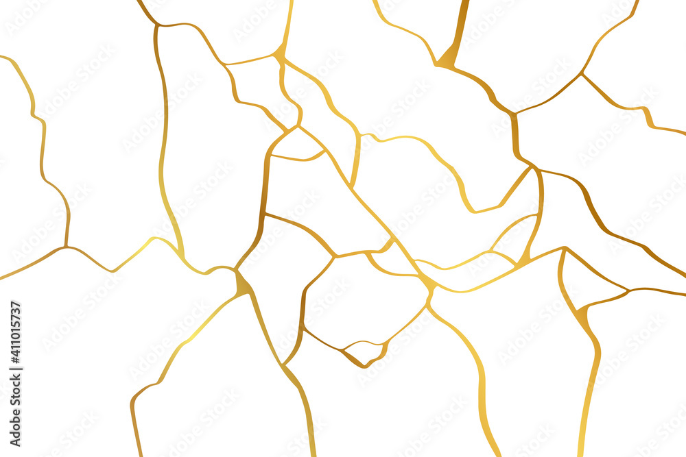 Gold kintsugi design isolated on white backdrop. Golden crackle texture ...