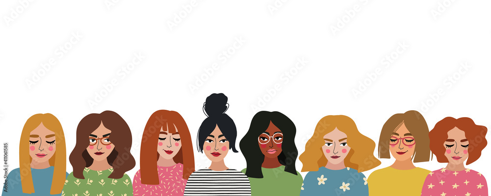 Female portraits set. Different skin and hair color women group. Hand ...