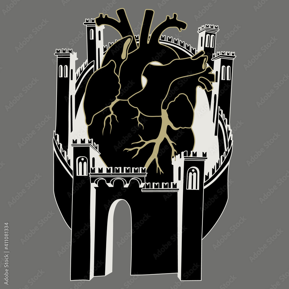 Human heart inside fortified medieval castle. Creative romantic concept ...