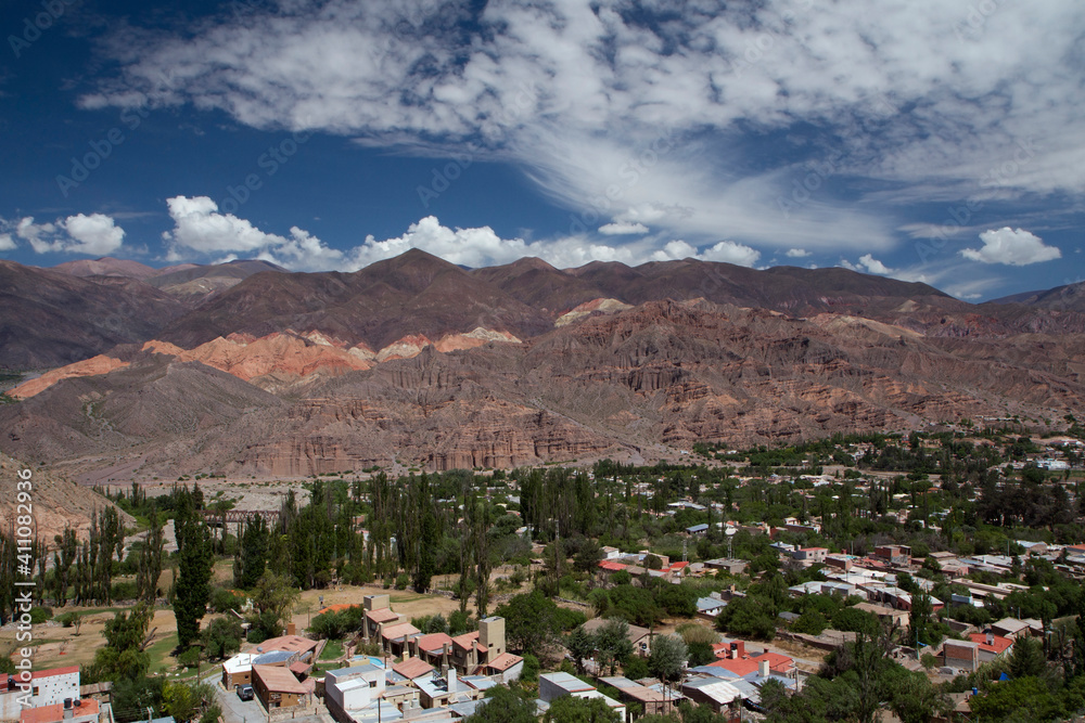 Tilcara village at the foot of Humahuaca ravine. Panorama view of the ...