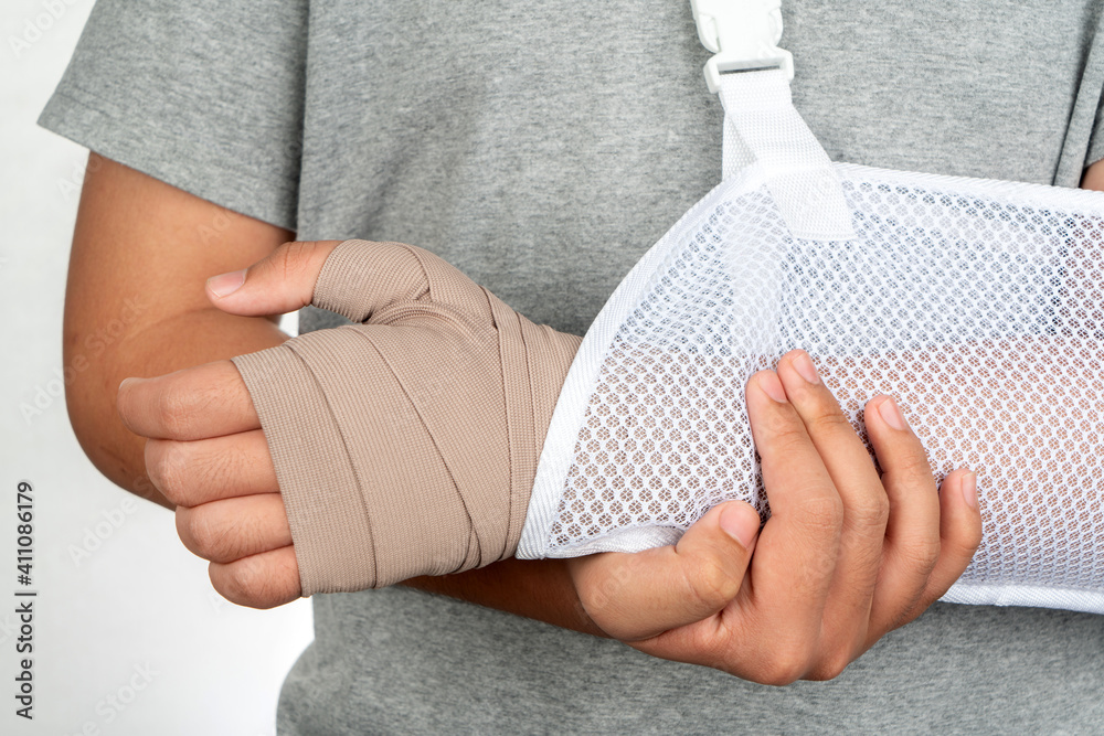 Close up hand with bandage isolate on white background as man arm ...