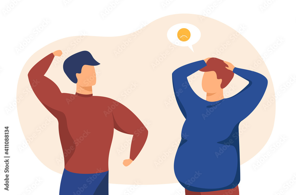 Fat and sporty people comparison. Overweight guy envious of his well ...