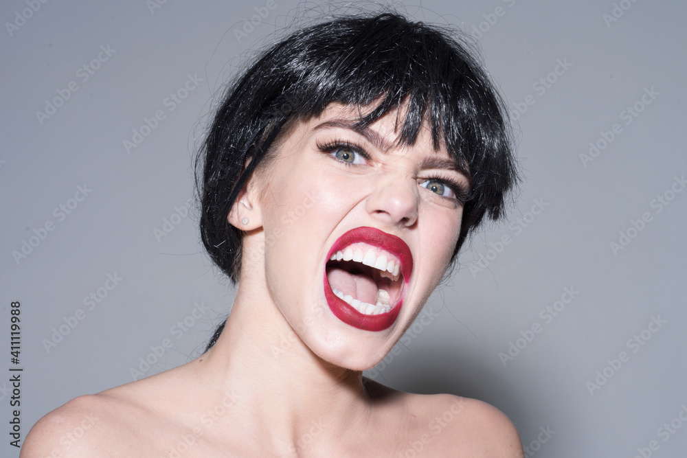 Woman shouting. Scandalous lady concept. Screaming, hate and rage ...