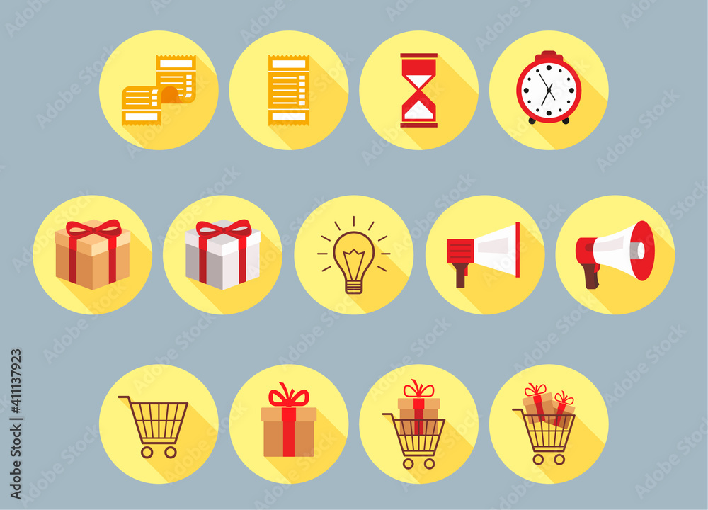 Large set of 2D and 3D icons in a circle, promotion, discount, gift ...