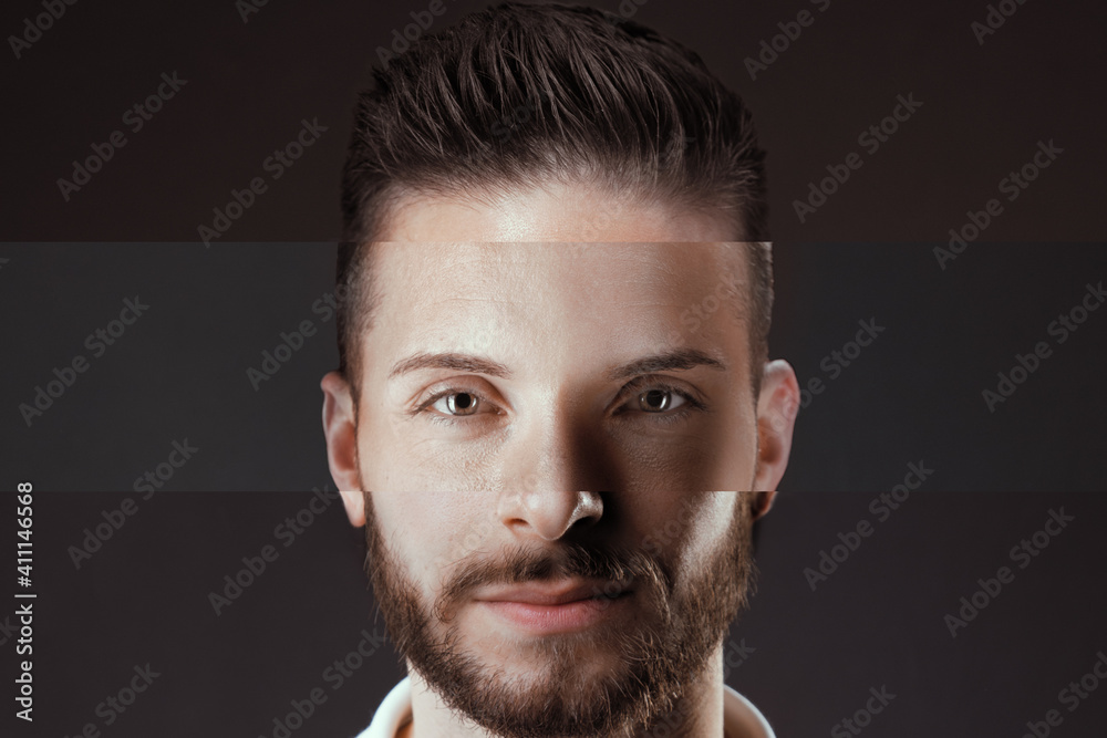 mixed people horizontal split face of three mans look neutral at camera ...