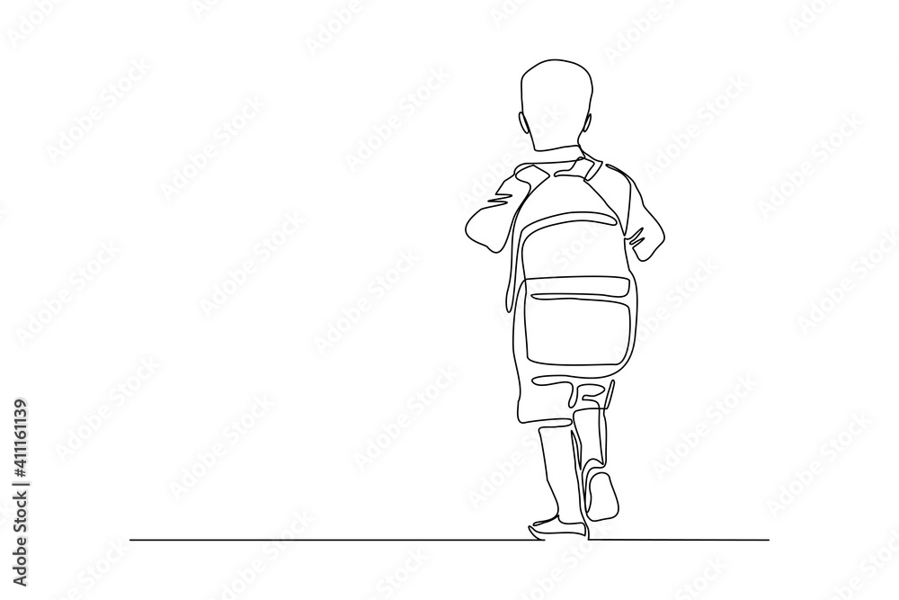 Continuous line drawing of little boy man walking on the street ...