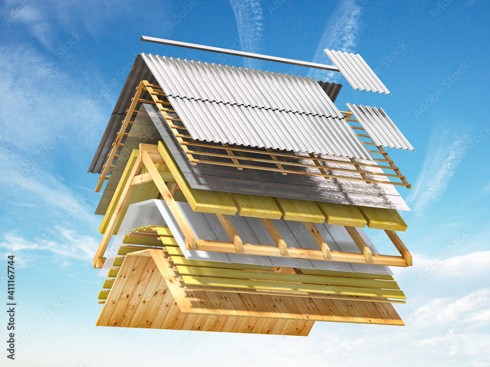 Roof covering in layers. Cross section and technical details of house ...