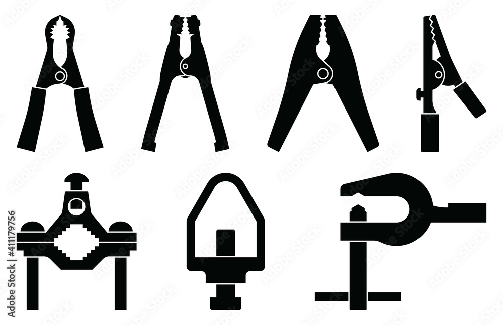 Alligator clip and clamp. Electrical tools. Silhouette vector Stock ...
