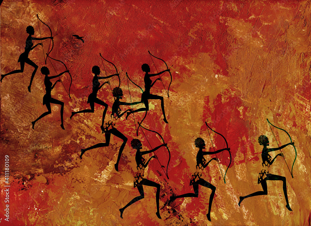 Primitive bird hunting. African woman with bow and arrow. Stylized ...