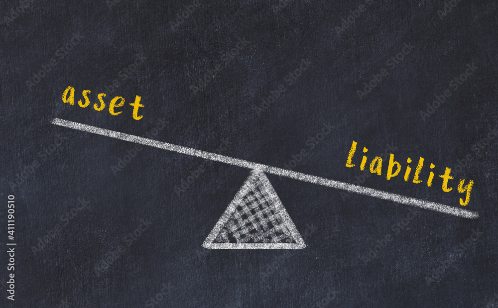 Chalk drawing of scales with words asset and liability. Concept of ...