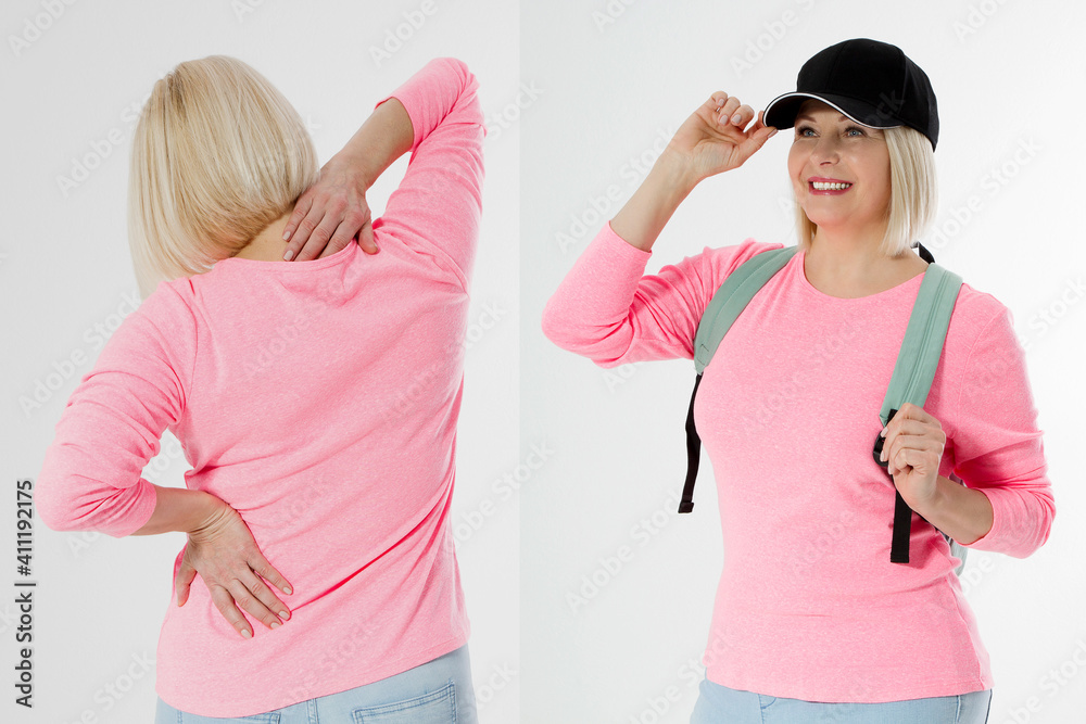 Before-after Back pain. Middle aged woman touching her back with hurt ...