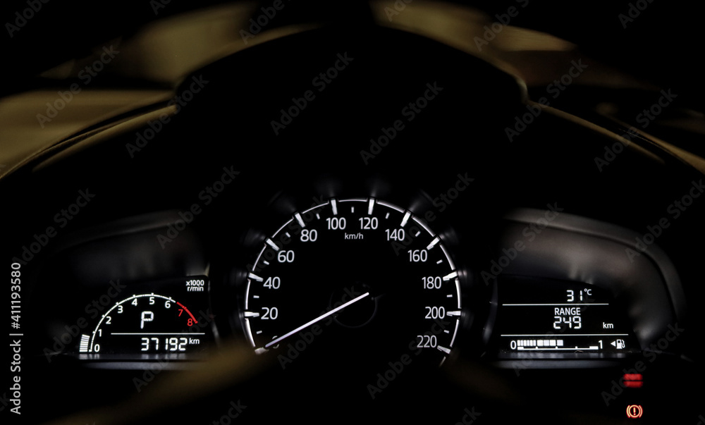 A close-up view of the vehicle's dashboard for status such as fuel ...