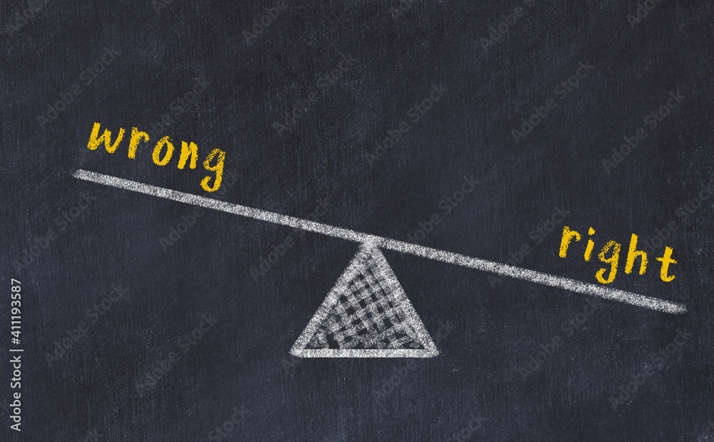 Chalk drawing of scales with words wrong and right. Concept of balance ...