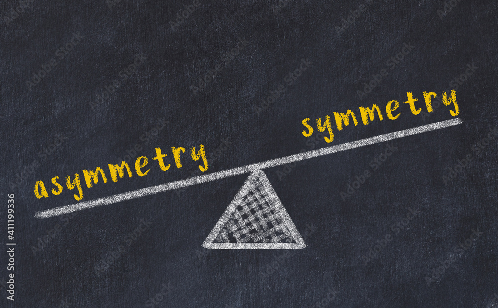 Chalk drawing of scales with words asymmetry and symmetry. Concept of ...