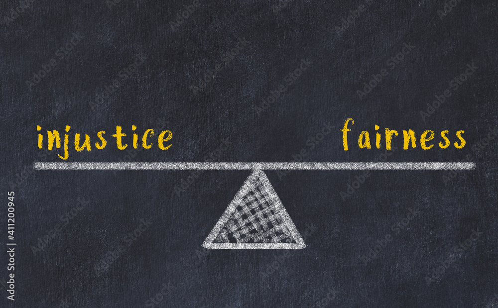 Chalk drawing of scales with words injustice and fairness. Concept of ...