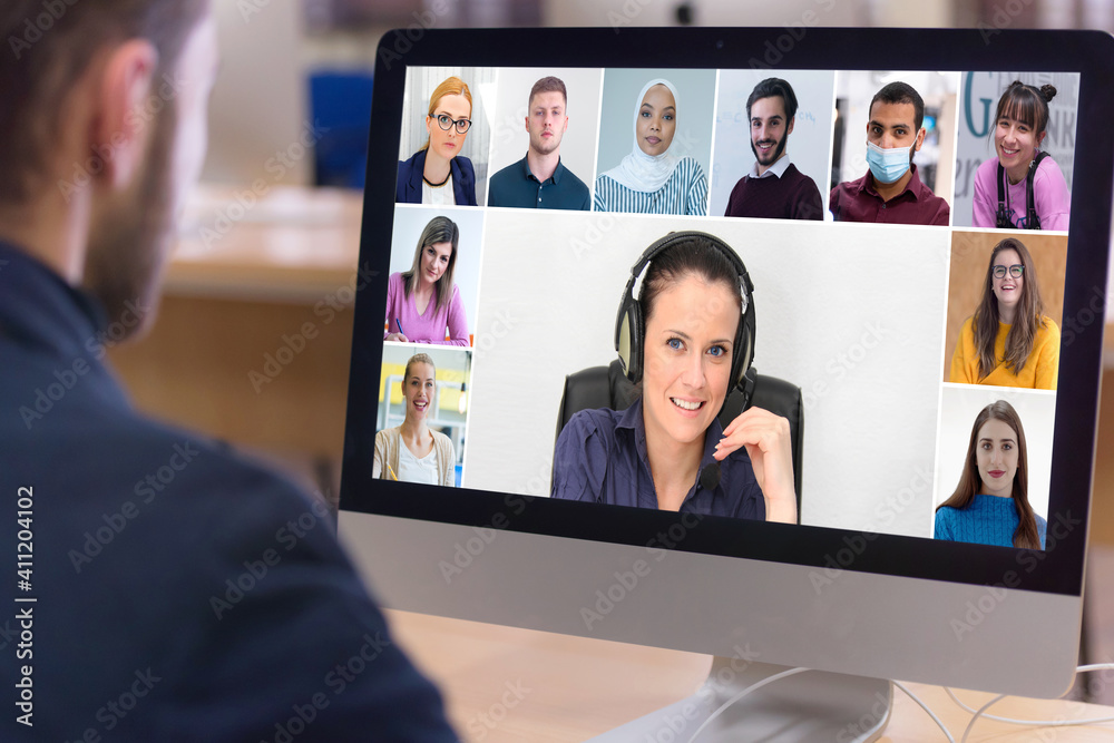 Online remote school class concept. Mixed race college student distance ...