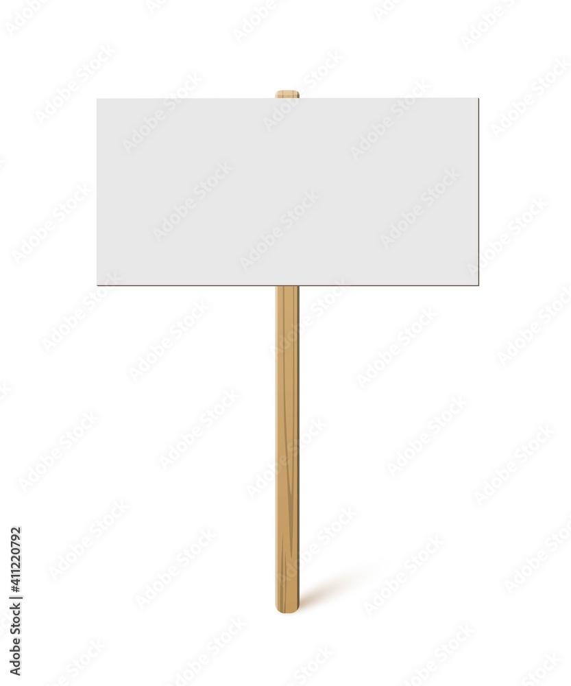 Blank banner on wood stick mock up. Vector empty board plank holder ...