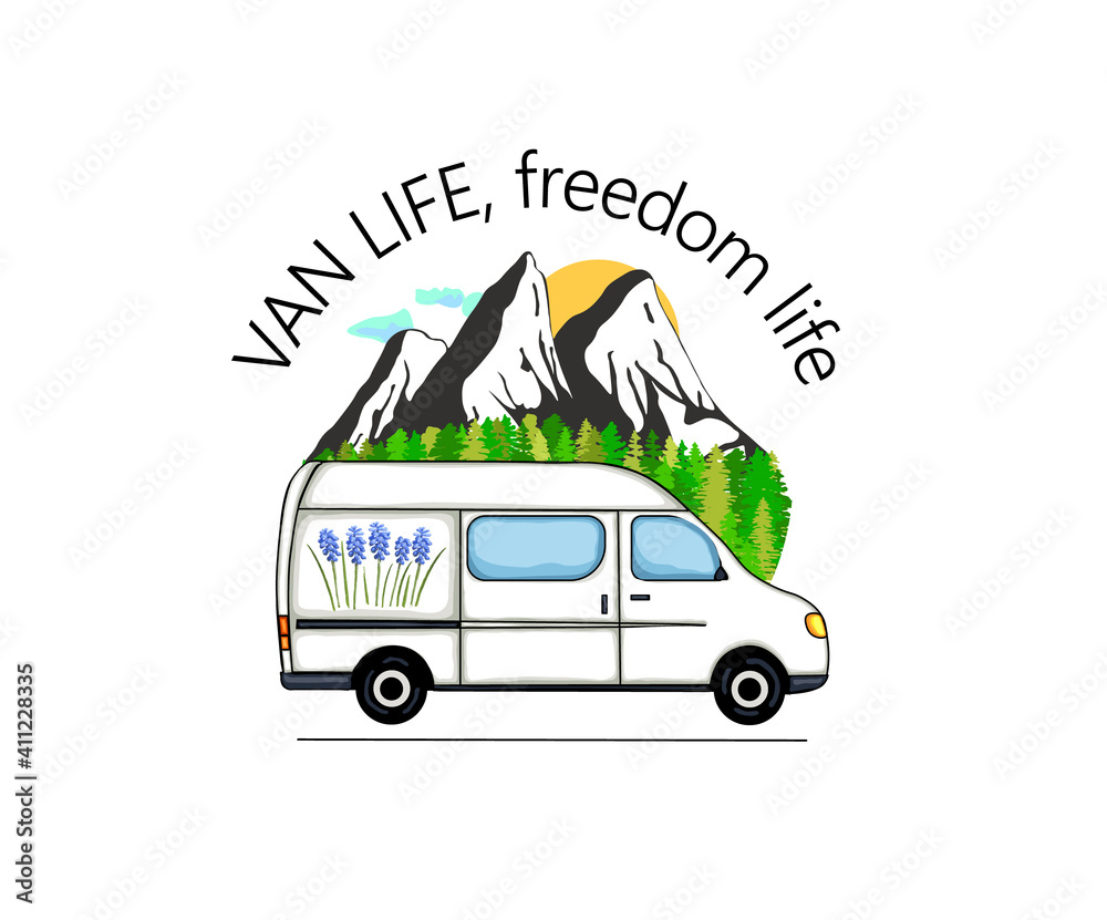 Camper van with forest and mountains in the background. Living van life ...
